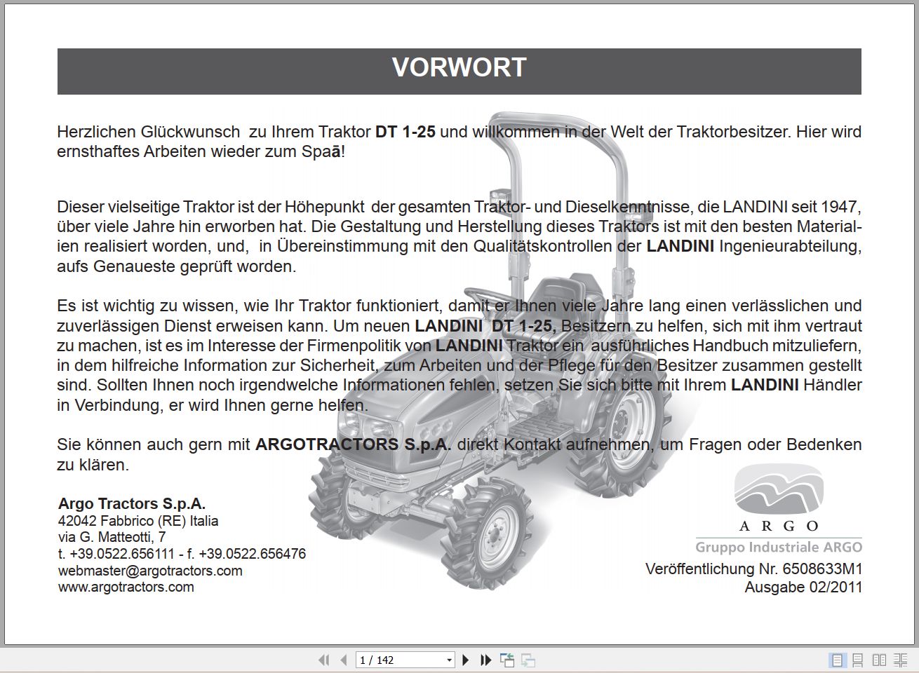 Landini Tractor DT 1-25 Operators Maintenance Manual 6508633M1 DE