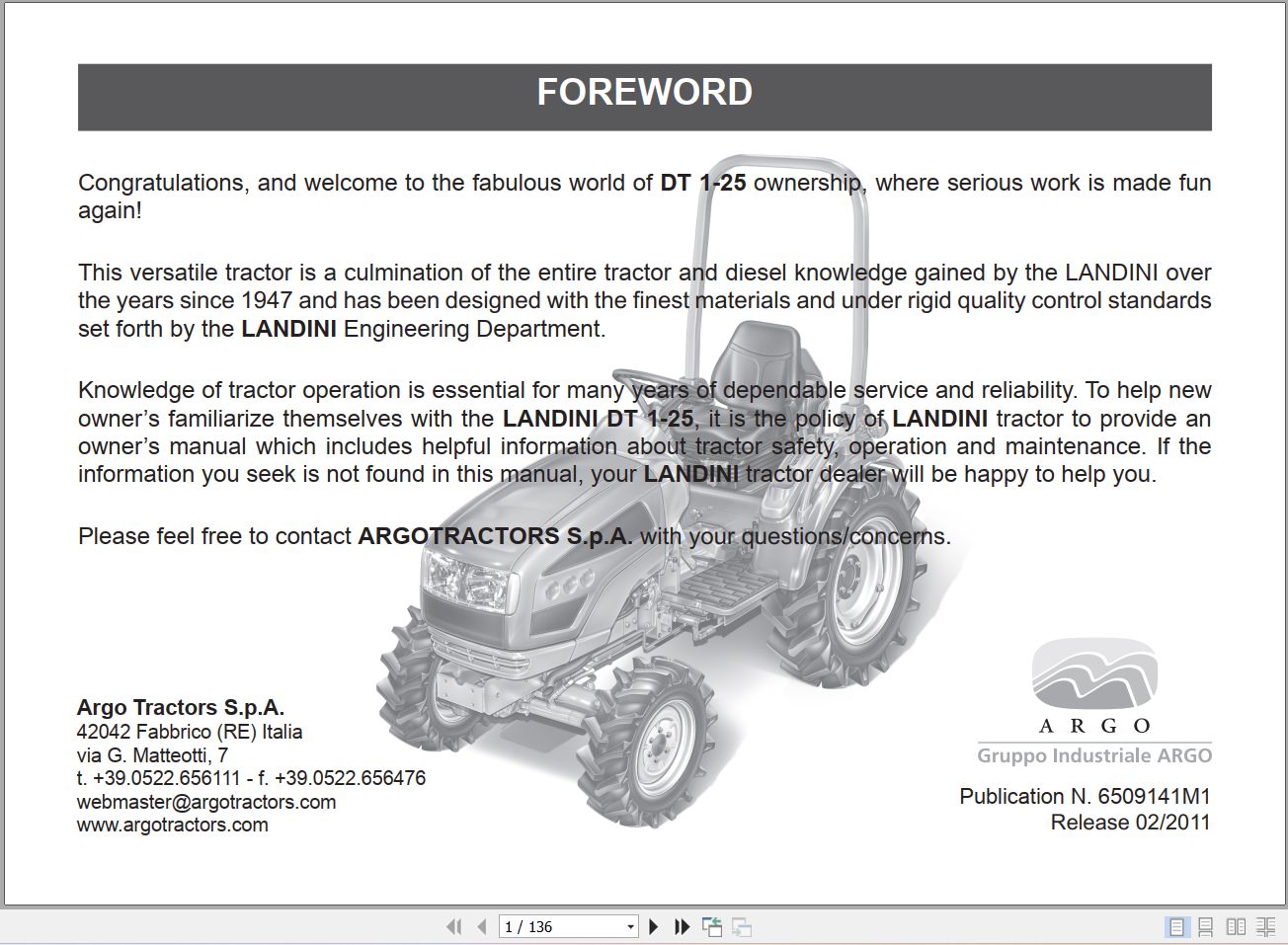 Landini Tractor DT 1-25 Operators Maintenance Manual 6509141M1 EN