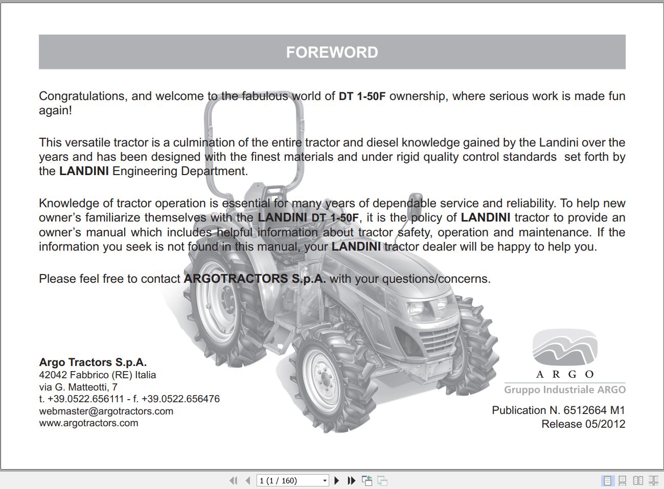 Landini Tractor DT 1-50F Operators Maintenance Manual 6512664M1 EN