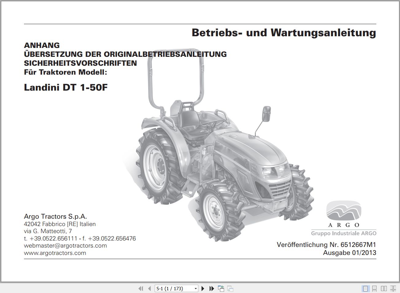 Landini Tractor DT 1-50F Operators Maintenance Manual 6512667M1 DE