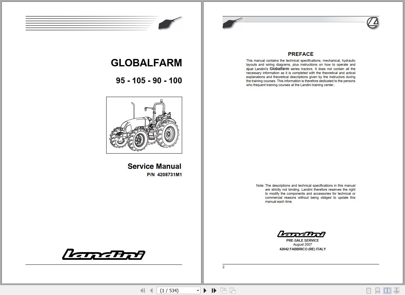 Landini Tractor GLOBALFARM 95 105 90 100 Service Manual 4208731M1 EN