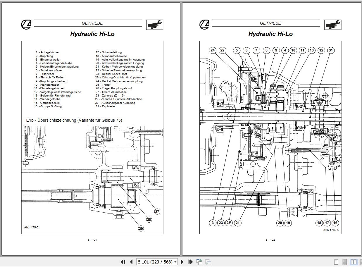 Landini Tractor GLOBUS 55 65 75 Service Manual 3652000M1 DE