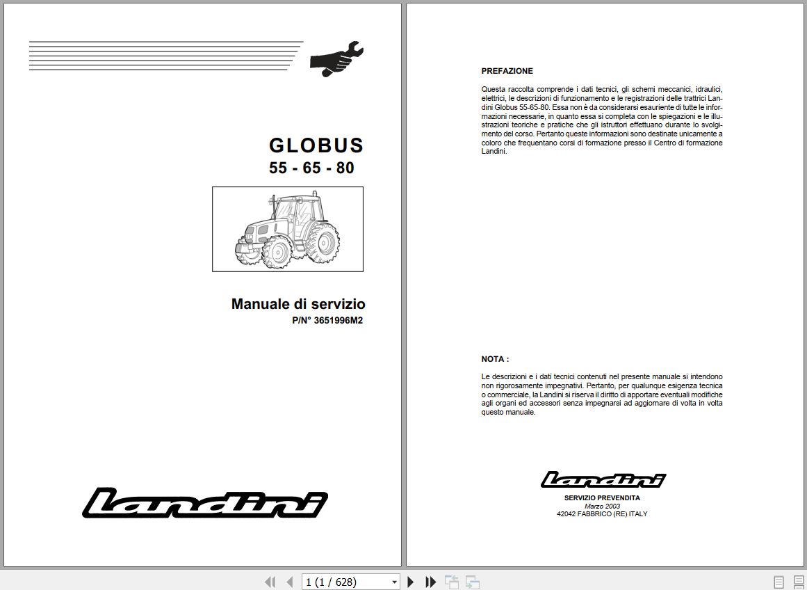 Landini Tractor GLOBUS 55 65 80 Service Manual 3651996M2 IT