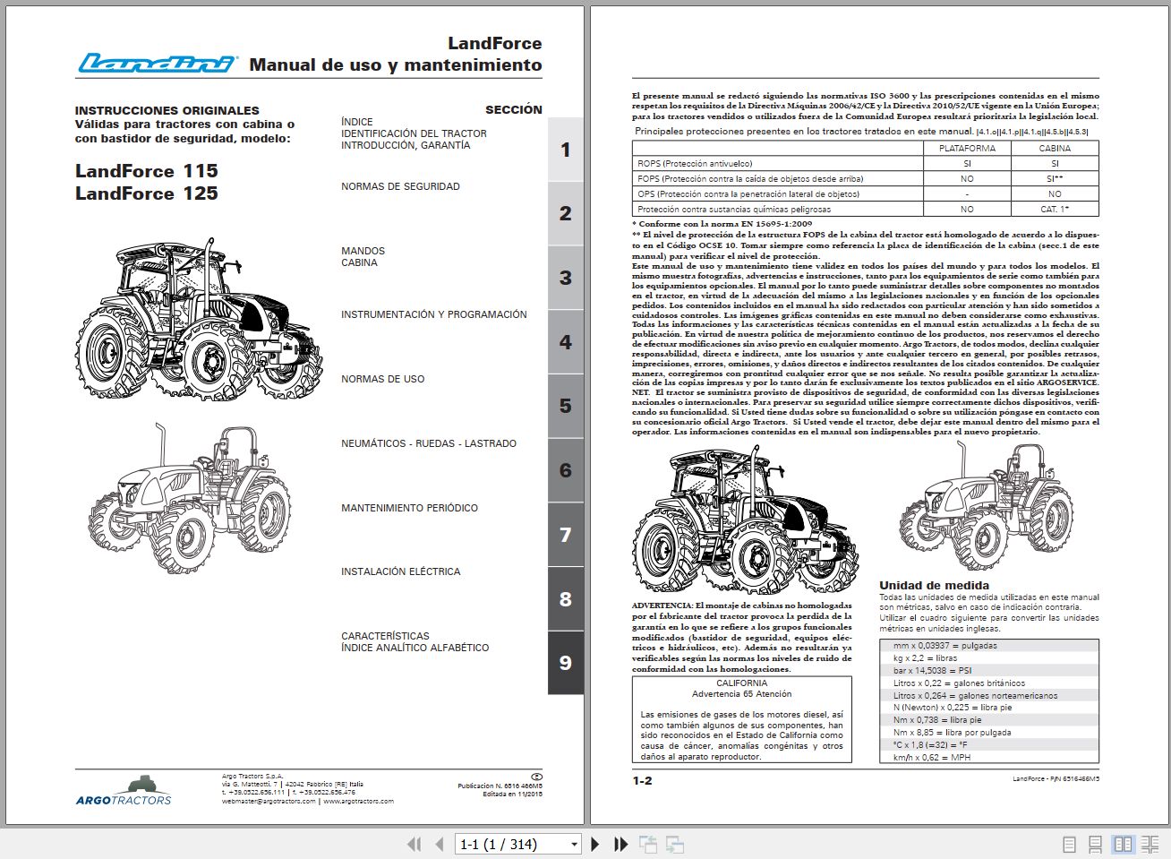 Landini Tractor Landforce 115 Landforce 125 Operators Maintenance ...