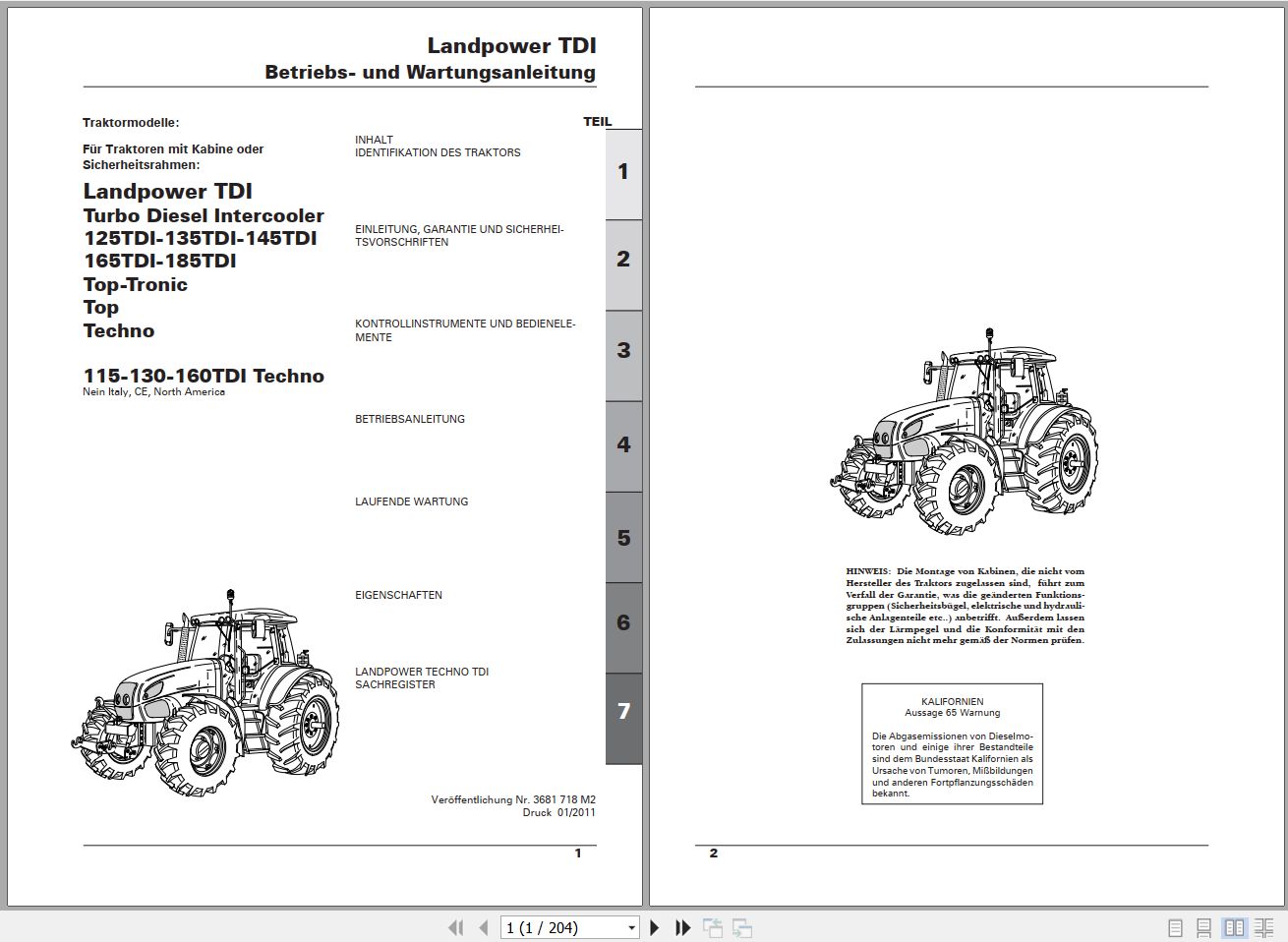 Landini Tractor Landpower 125-185 TDI Operators Maintenance Manual ...