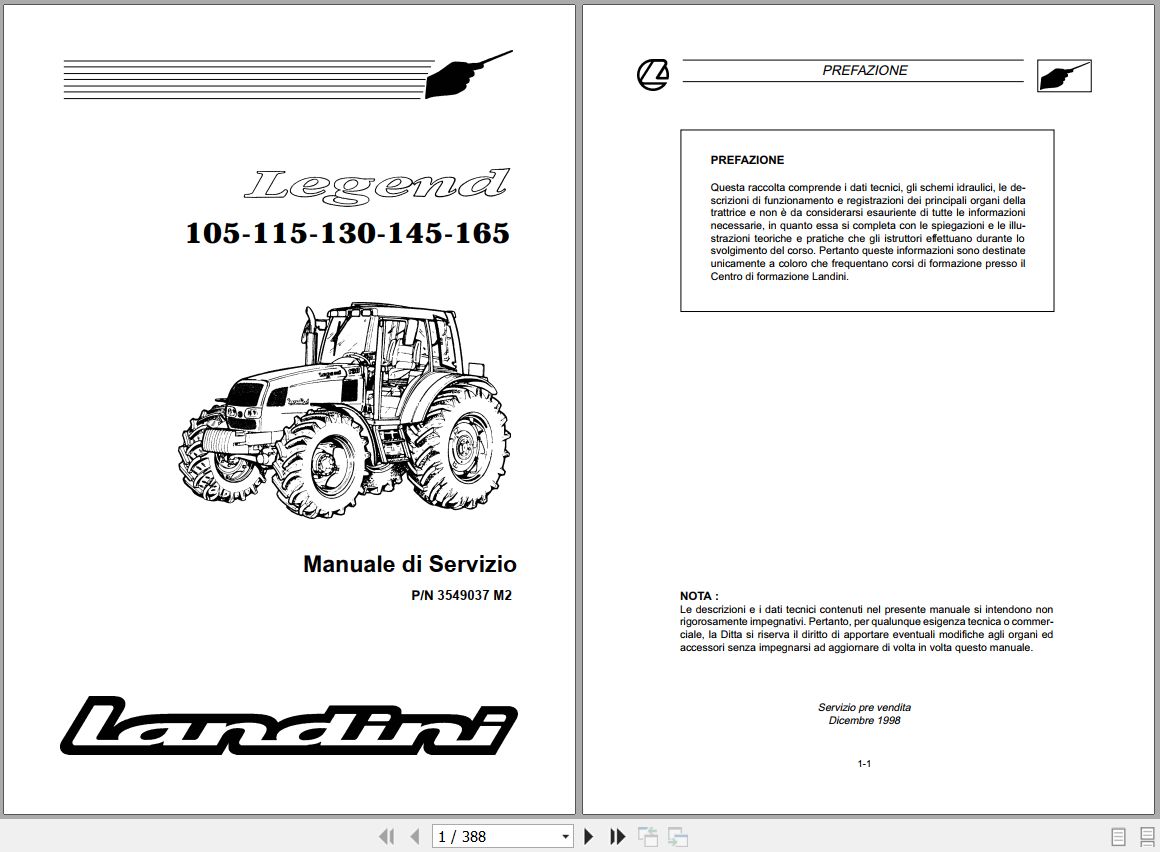 Landini Tractor Legend 105-165 Service Manual 3549037M2 IT
