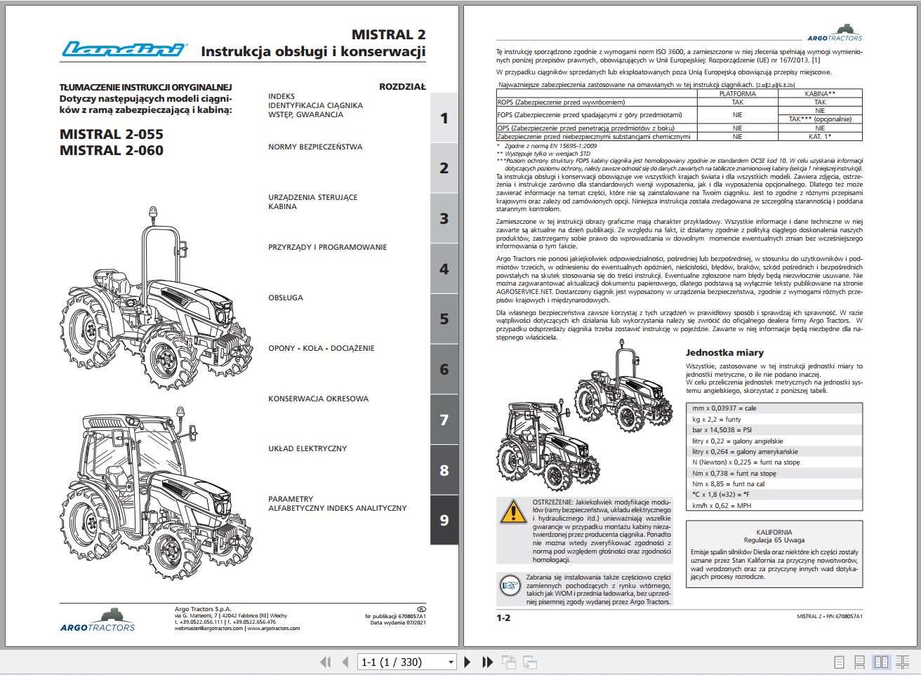 Landini Tractor MISTRAL 2-055 2-060 Operators Maintenance Manual 6708057A1 PL