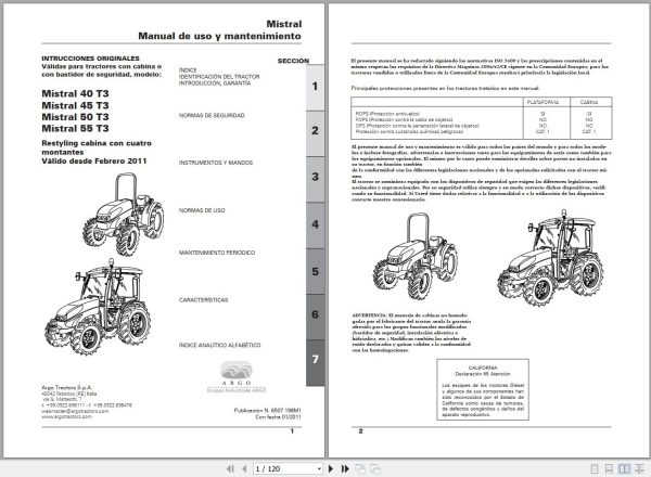 Landini Tractor Mistral 40 T3 to 55 T3 Operators Maintenance Manual ...
