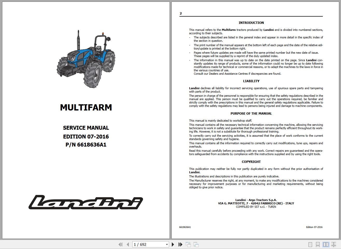 Landini Tractor Multifarm 75 80 90 Service Manual 6618636A1 EN