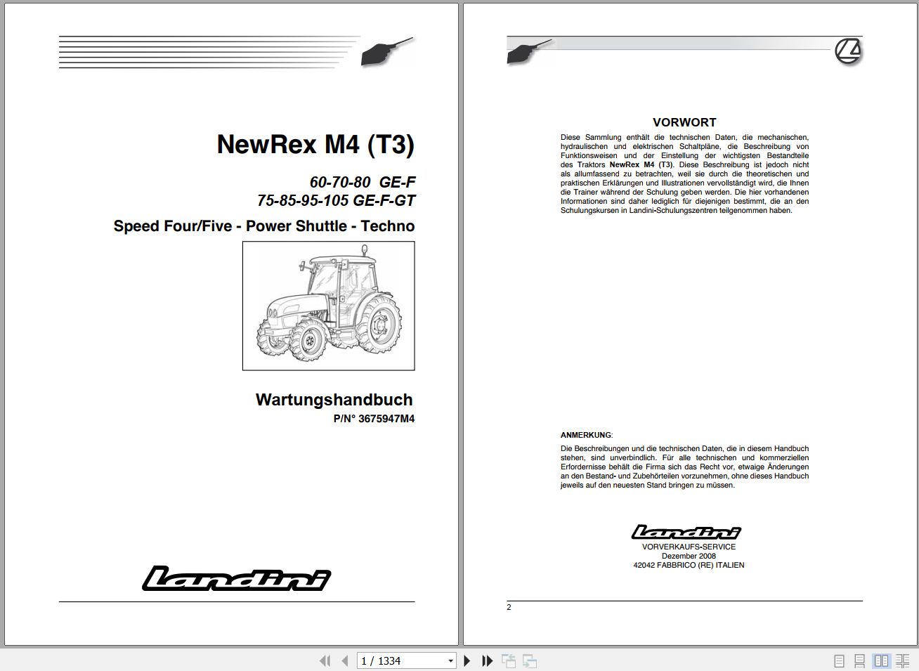 Landini Tractor NewRex 60GE to 105GT M4 T3 Service Manual 3675947M4 DE