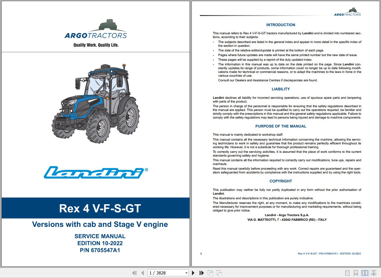Landini Tractor REX 4-080V to REX 4-120GT Service Manual 6705547A1 EN