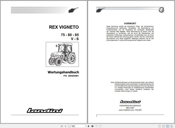 Landini Tractor REX 75V to 85S VIGNETO Service Manual 3694000M1 DE