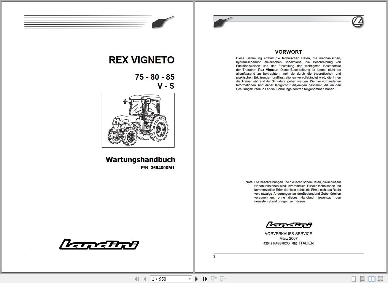 Landini Tractor REX 75V to 85S VIGNETO Service Manual 3694000M1 DE