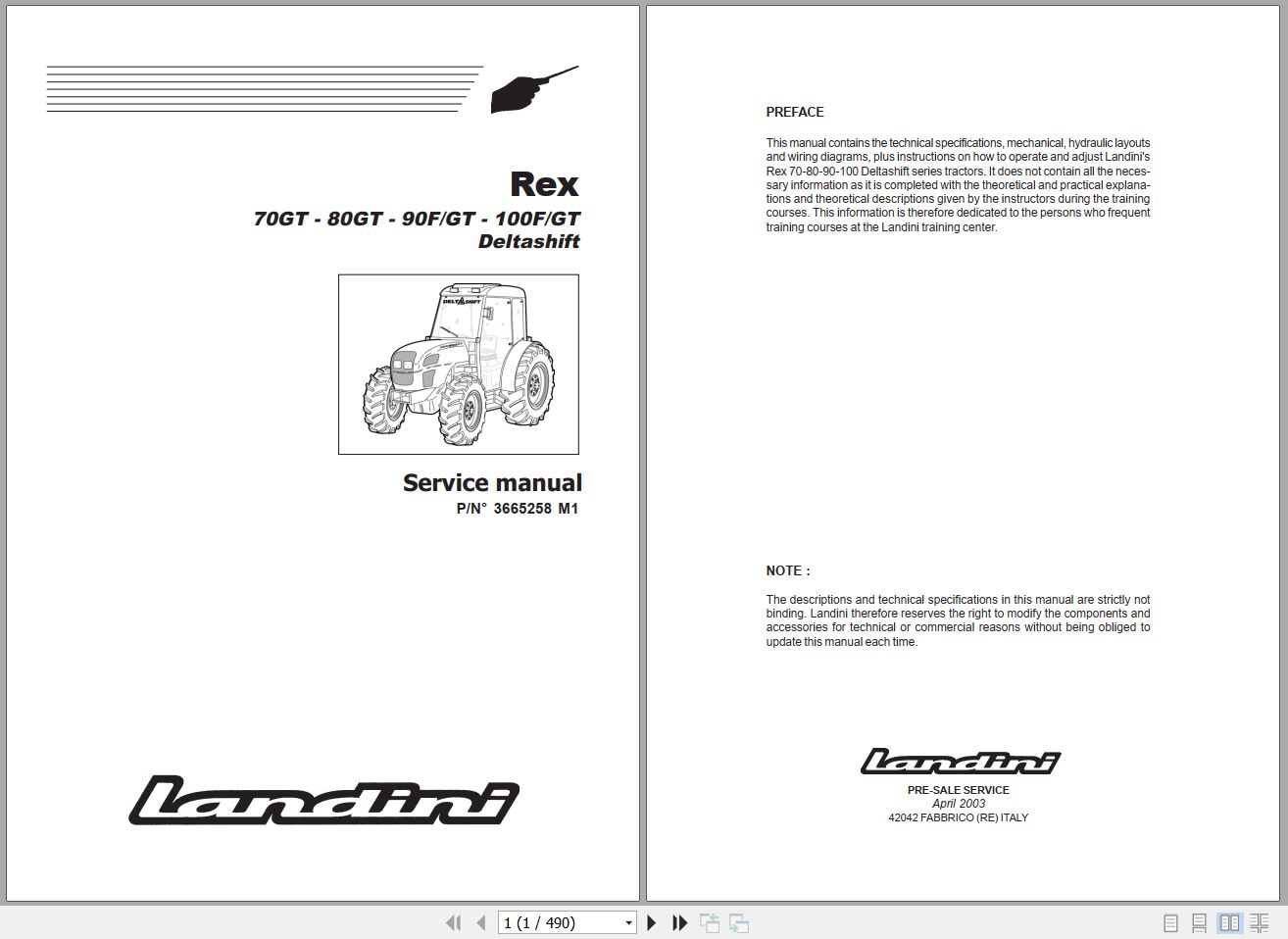 Landini Tractor Rex 70GT to Rex 100GT Service Manual 3665258M1 EN