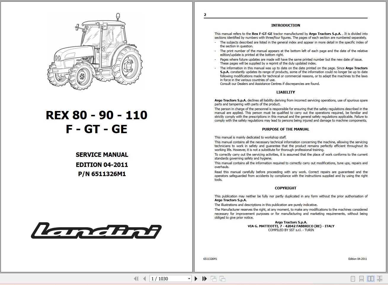 Landini Tractor Rex 80F to Rex 110GE Service Manual 6511326M1 EN