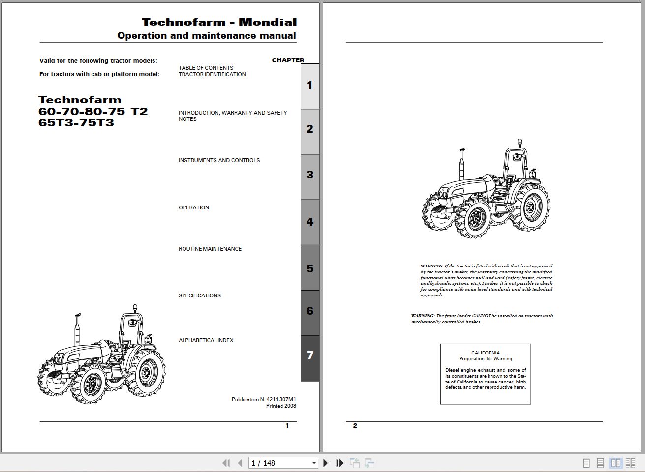 Landini Tractor Technofarm 60T2 to 75T3 Operators Maintenance Manual 4214307M1 EN