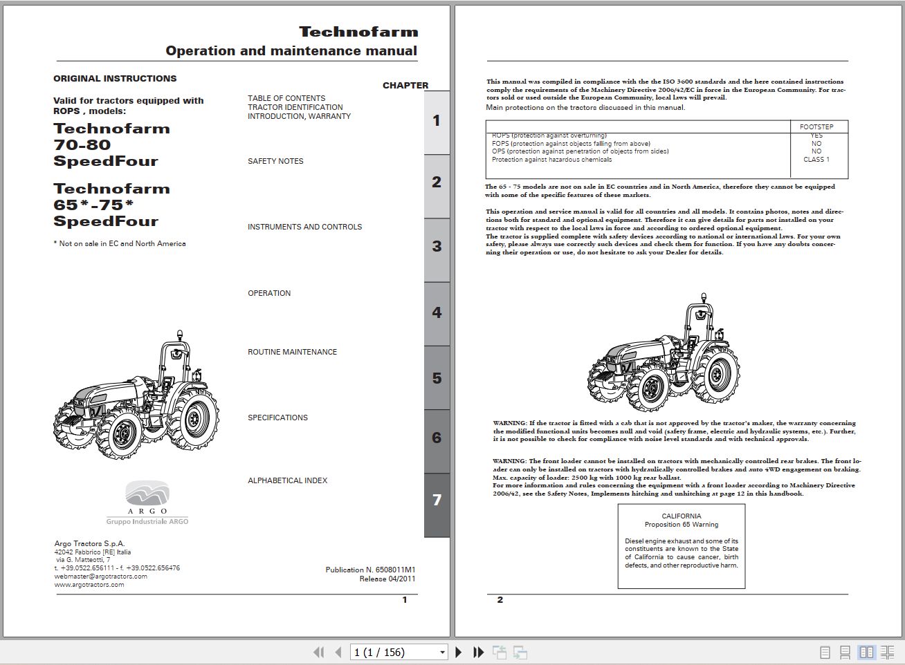 Landini Tractor Technofarm 65-80 Operators Maintenance Manual 6508011M1 EN