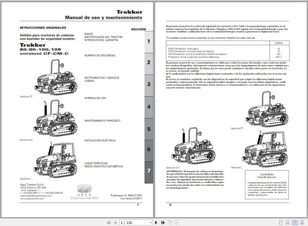 Landini Tractor Trekker 80CF to 105C Operators Maintenance Manual ...