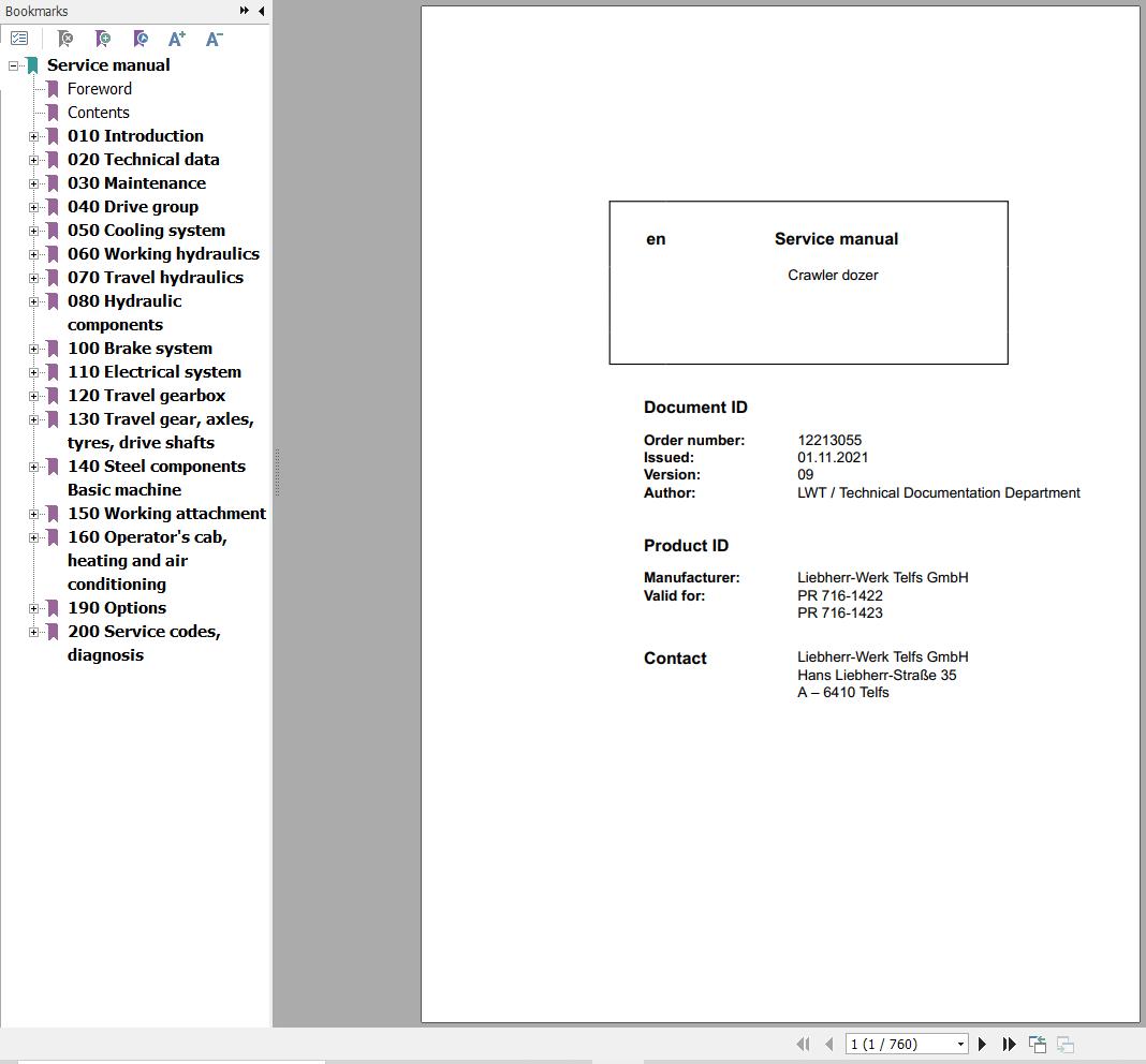 Liebherr Crawler Dozer PR716-1422 PR716-1423 Service Manual 12213055