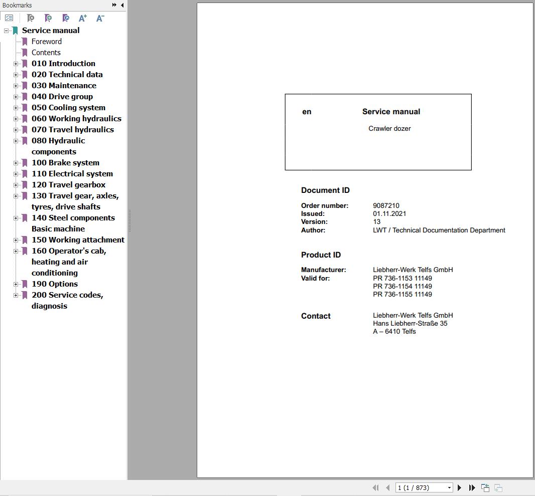 Liebherr Crawler Dozer PR736 Service Manual 9087210