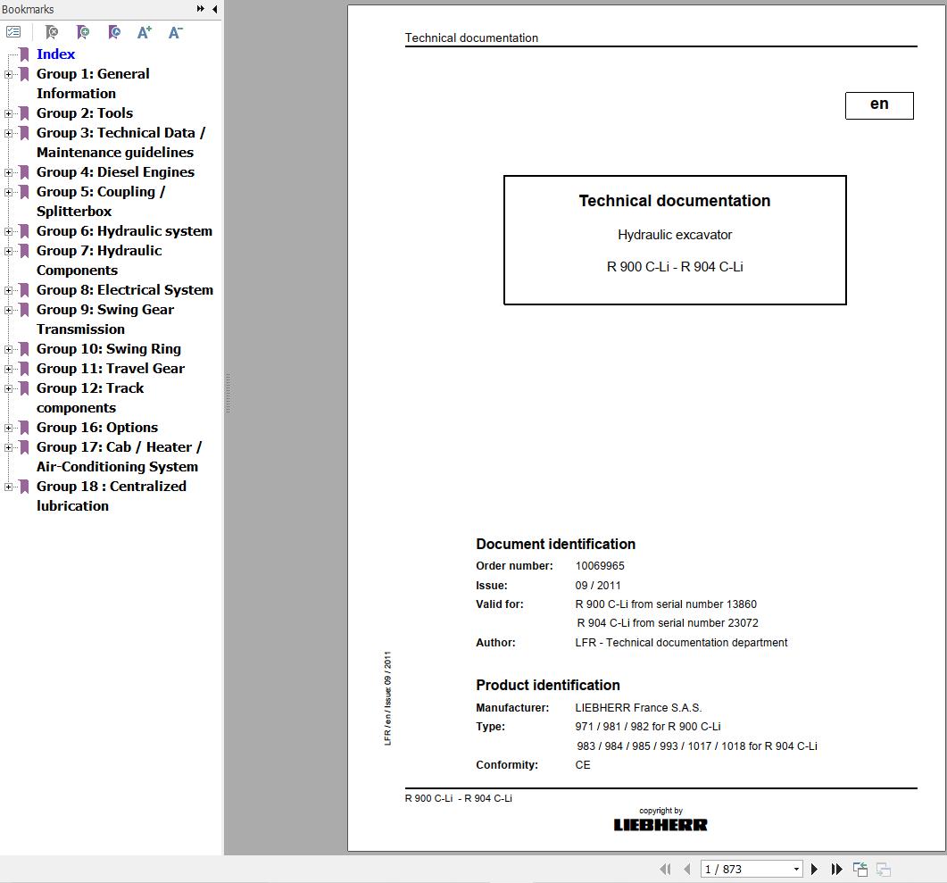 Liebherr Excavator R900C-Li R904C-Li Technical Manual 10069965