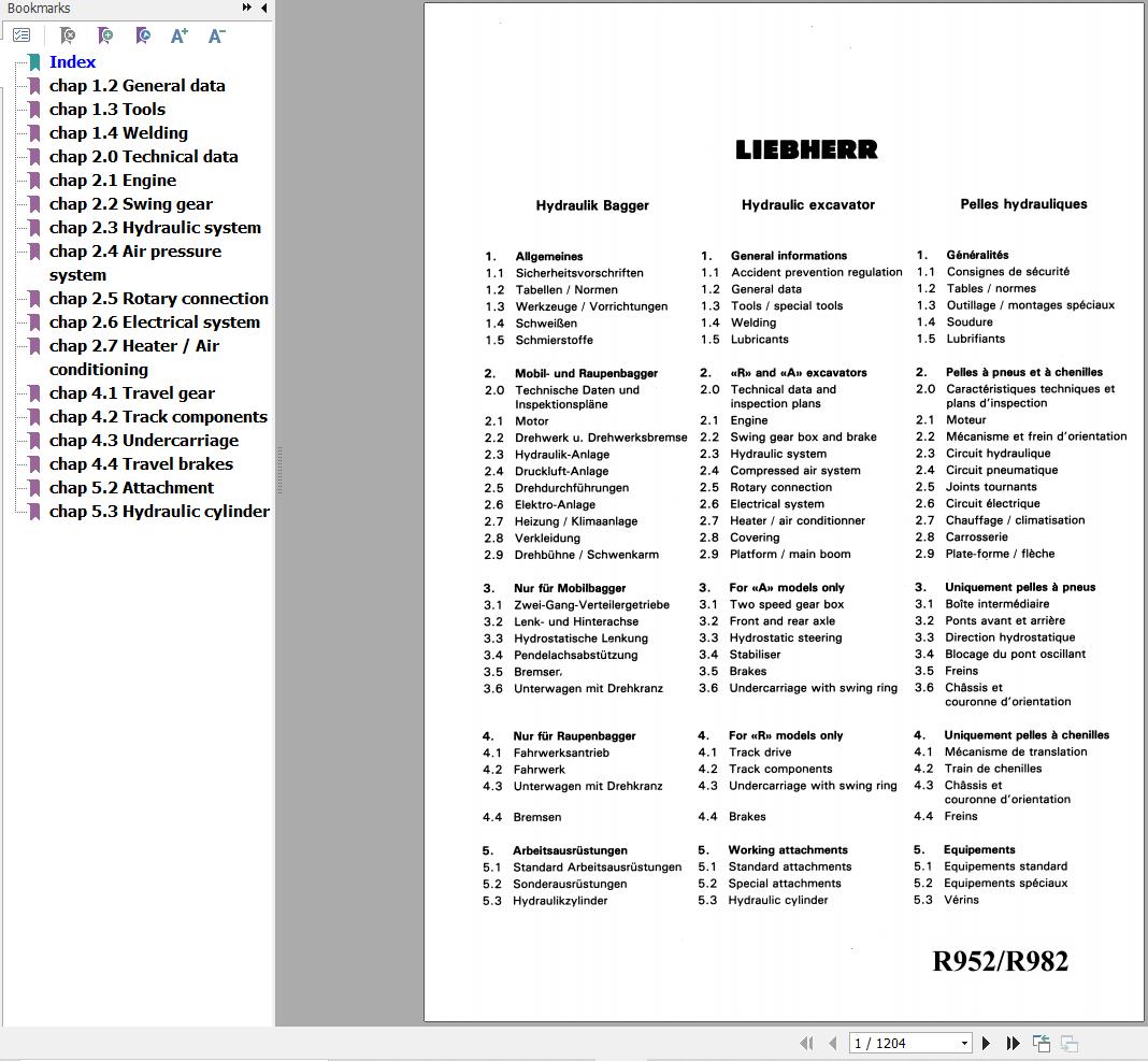 Liebherr Excavator R952 R962 R972 R982 Service Manual