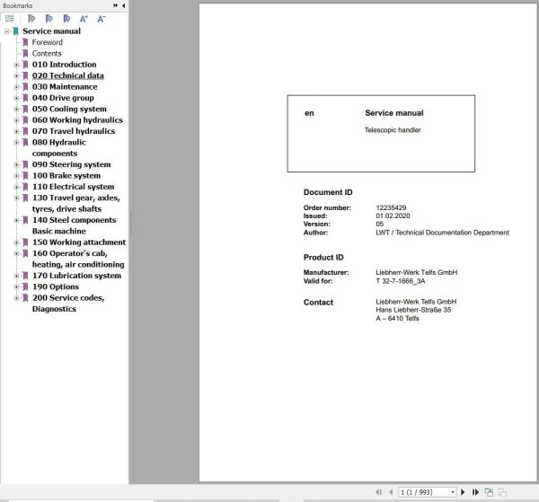 Liebherr Telescopic Handler T32-7-1666_3A Service Manual 12235429 2020