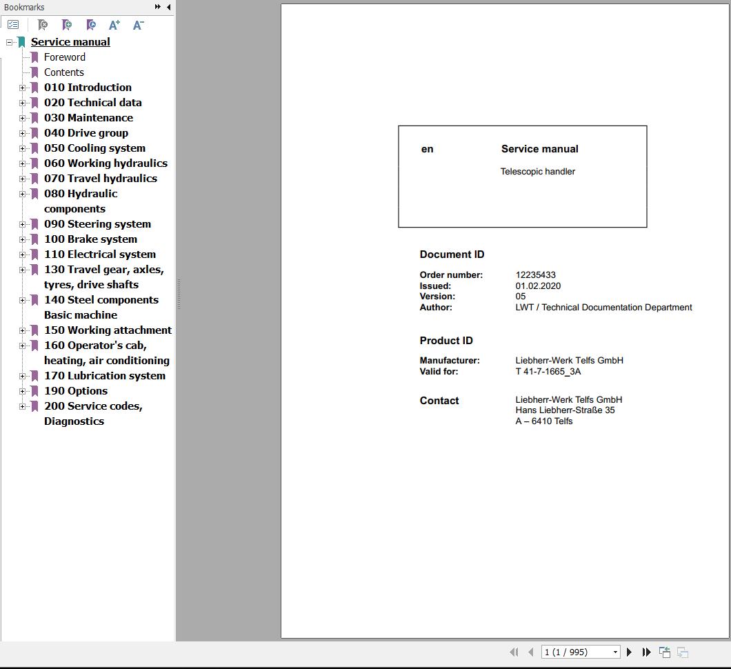 Liebherr Telescopic Handler T41-7-1665_3A Service Manual 12235433 2020