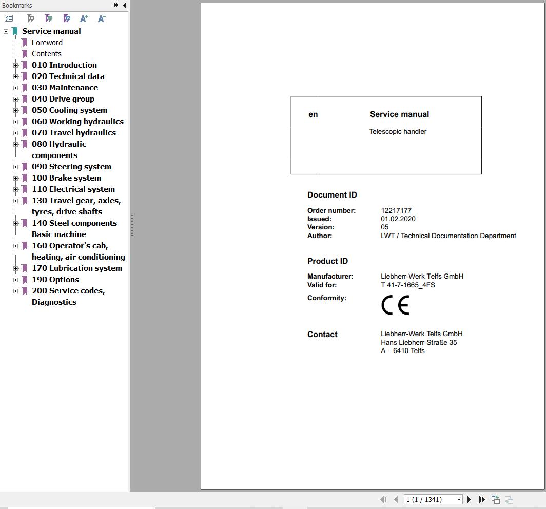 Liebherr Telescopic Handler T41-7-1665_4FS Service Manual 12217177 2020