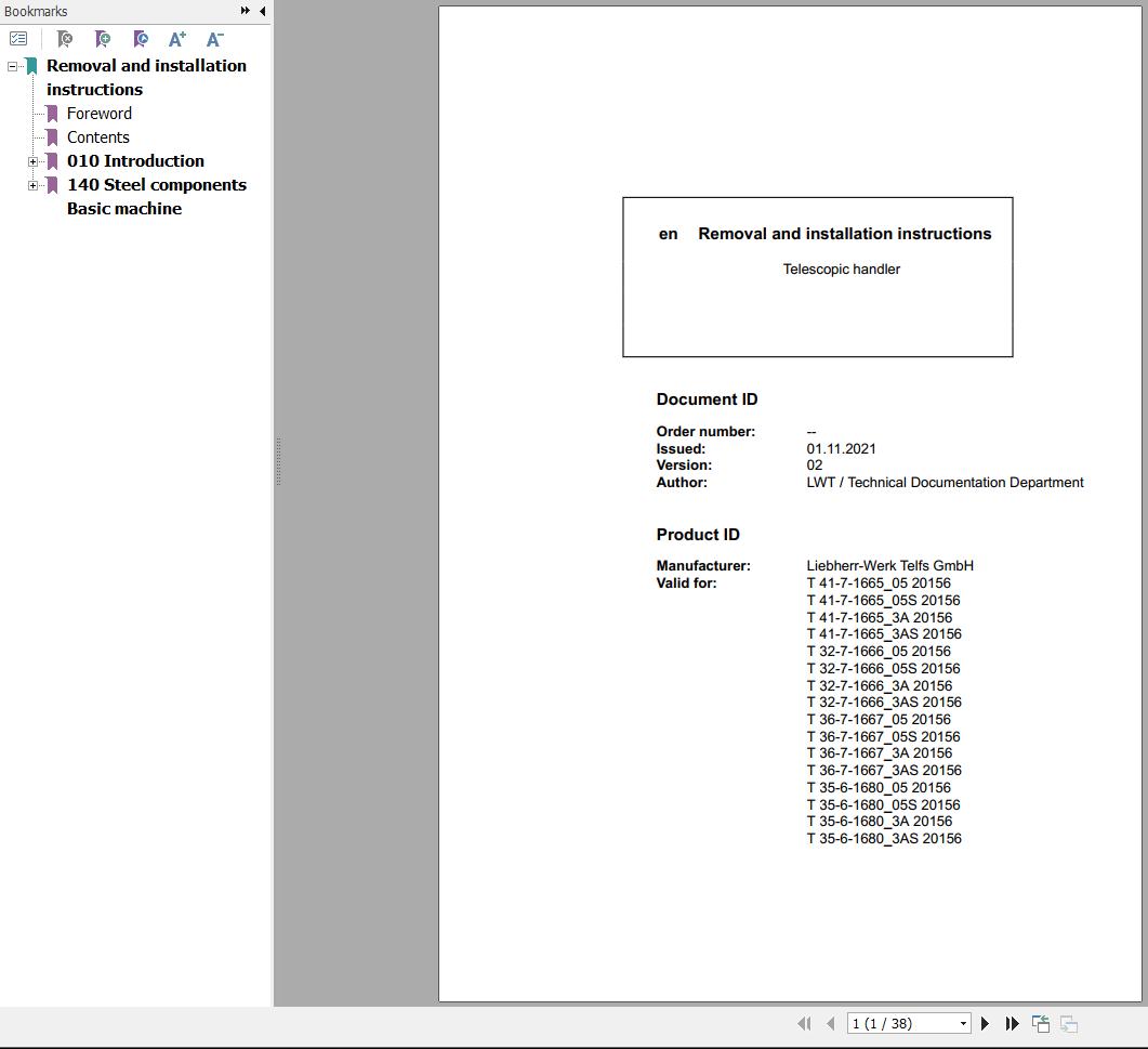 Liebherr Telescopic Handler T41-7 T32-7 T36-7 T35-6 Removal And Installation Instructions