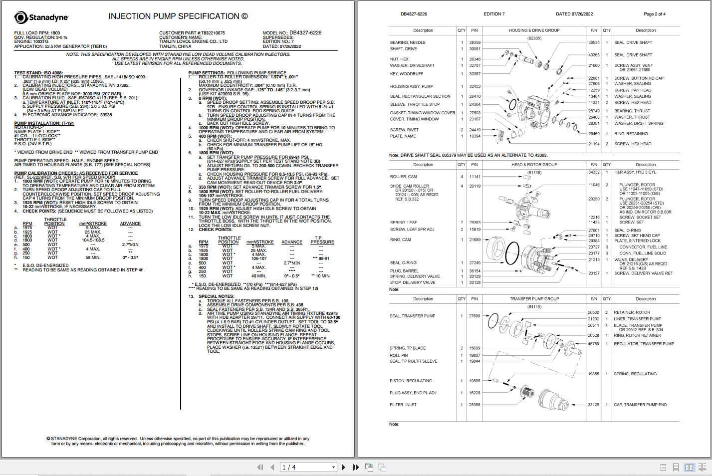 Lovol Engine Injection Pump Specification Part Service Manual Update 2022