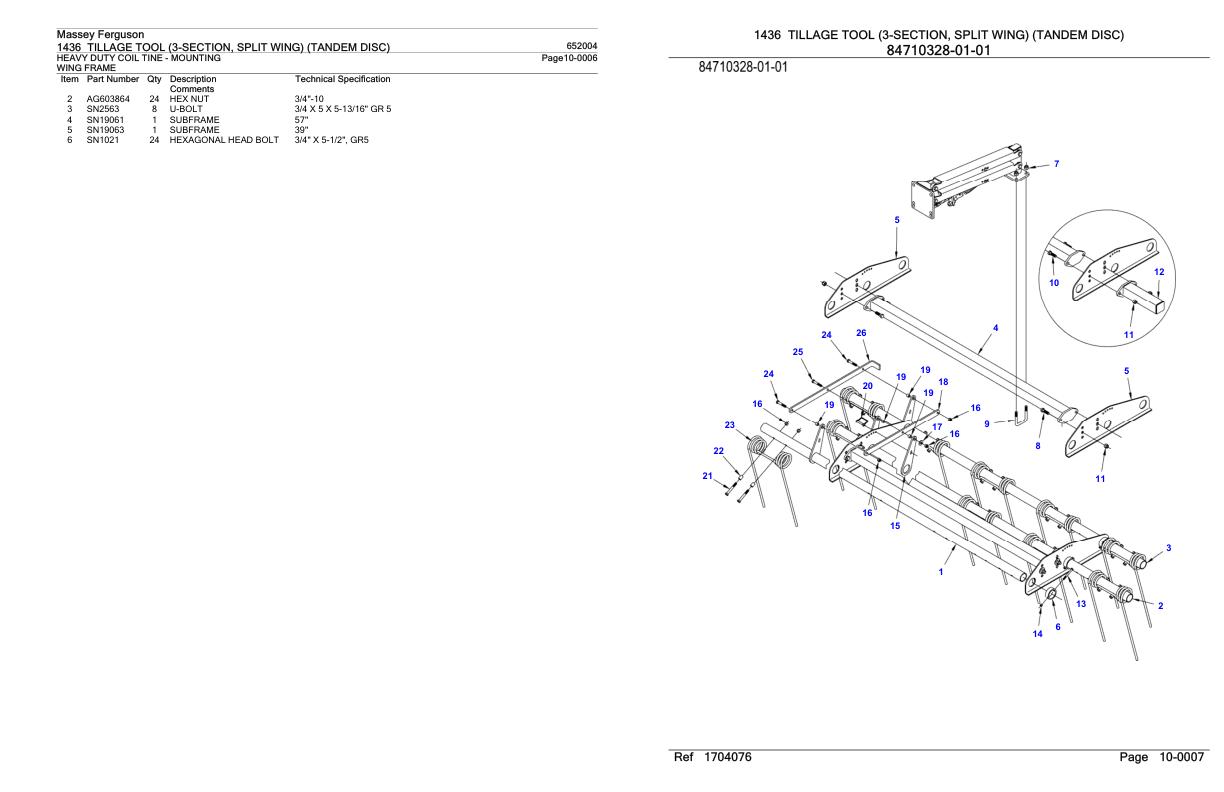 Massey Ferguson 1436 Tillage Tool Parts Catalog 652004