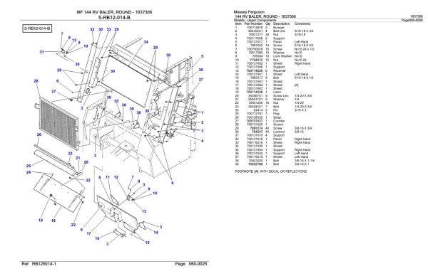 Massey Ferguson 144 RV Baler Round Parts Catalog 1637306