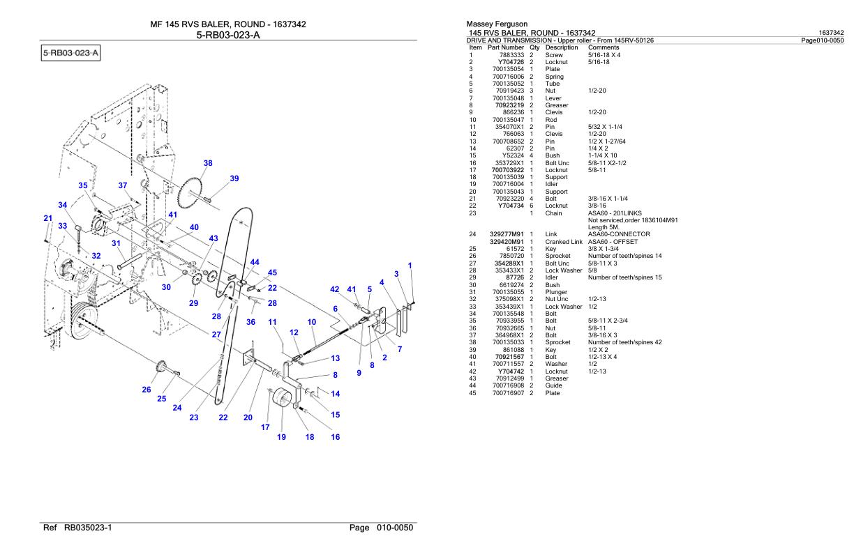 Massey Ferguson 145 RVS Baler Round Parts Catalog 1637342