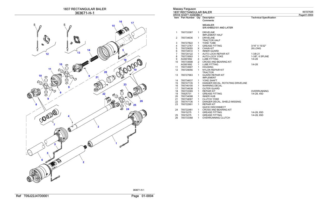 Massey Ferguson 1837 Rectangular Baler Parts Catalog 00727535
