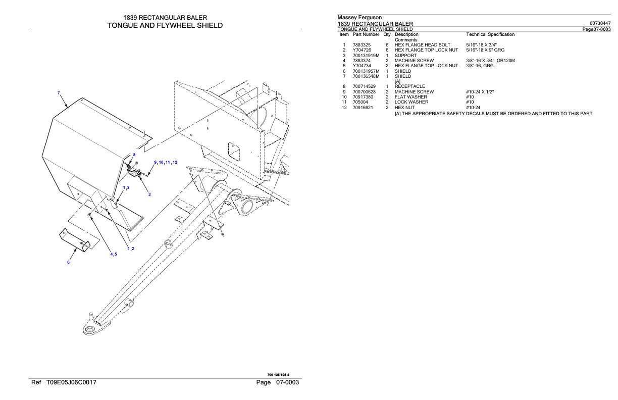 Massey Ferguson 1839 Rectangular Baler Parts Catalog 00730447