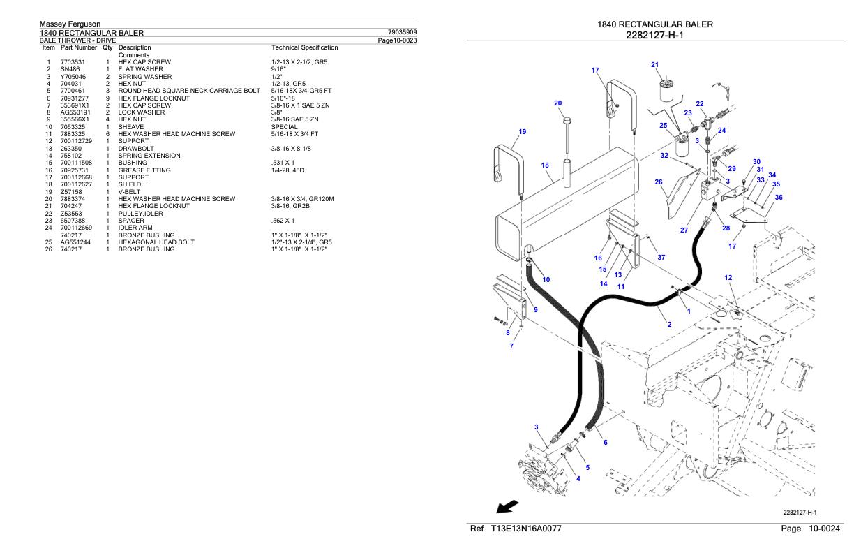 Massey Ferguson 1840 Rectangular Baler Parts Catalog 79035909