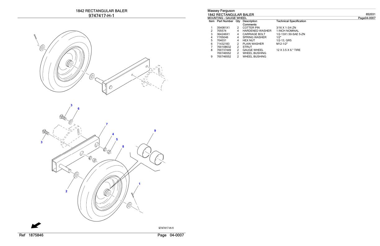Massey Ferguson 1842 Rectangular Baler Parts Catalog 652031