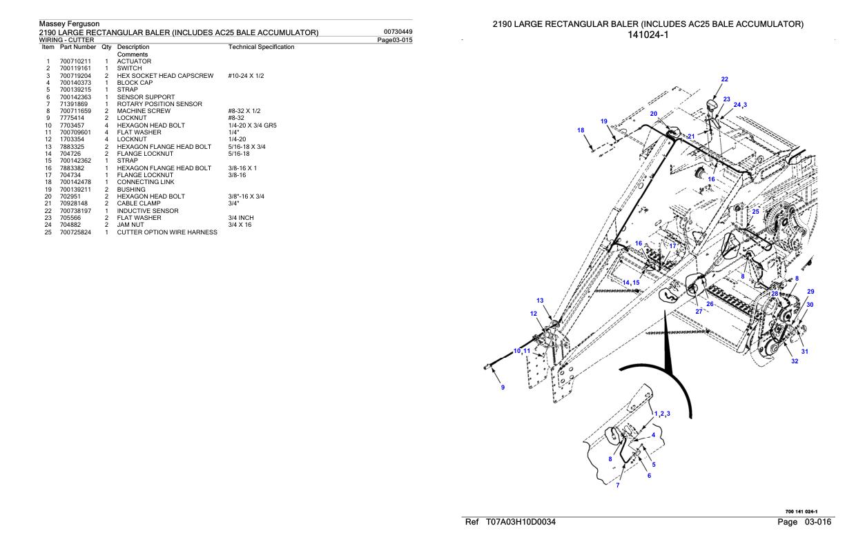 Massey Ferguson 2190 Large Rectangular Baler Parts Catalog 00730449