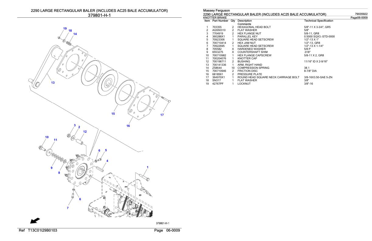 Massey Ferguson 2290 Large Rectangular Baler Parts Catalog 79035922