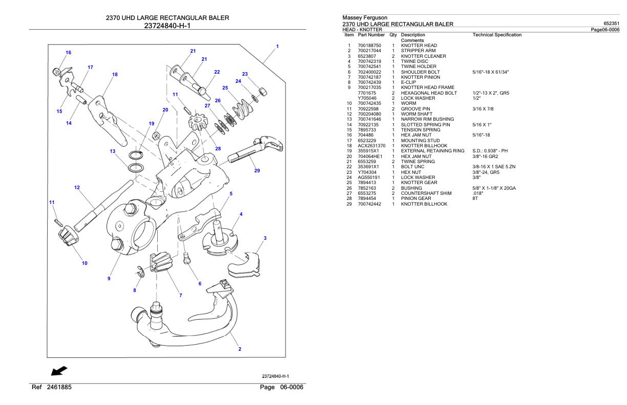 Massey Ferguson 2370 UHD Large Rectangular Baler Parts Catalog 652351