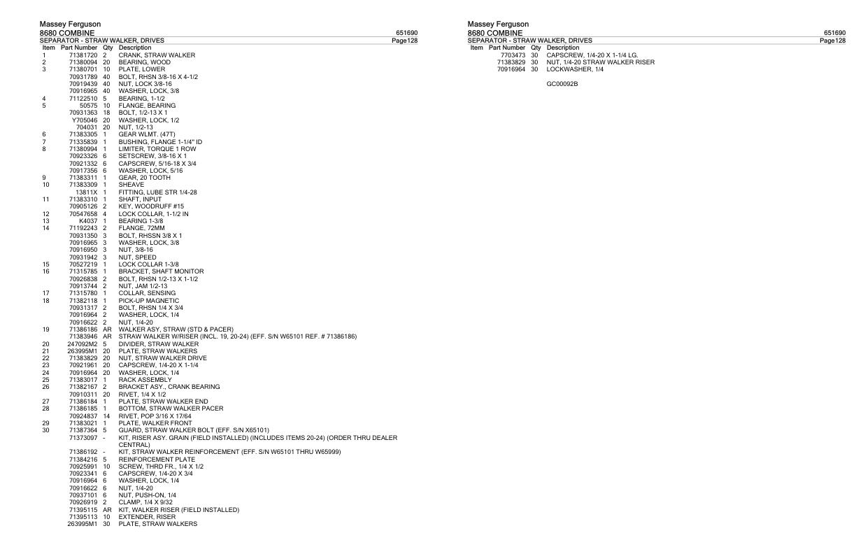 Massey Ferguson 8680 Combine Parts Catalog 651690