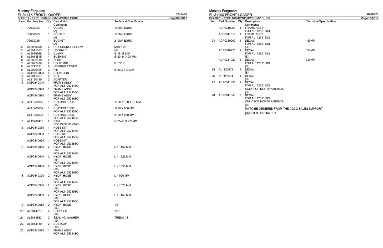 Massey Ferguson FL.3114X Front Loader Parts Catalog 6246470
