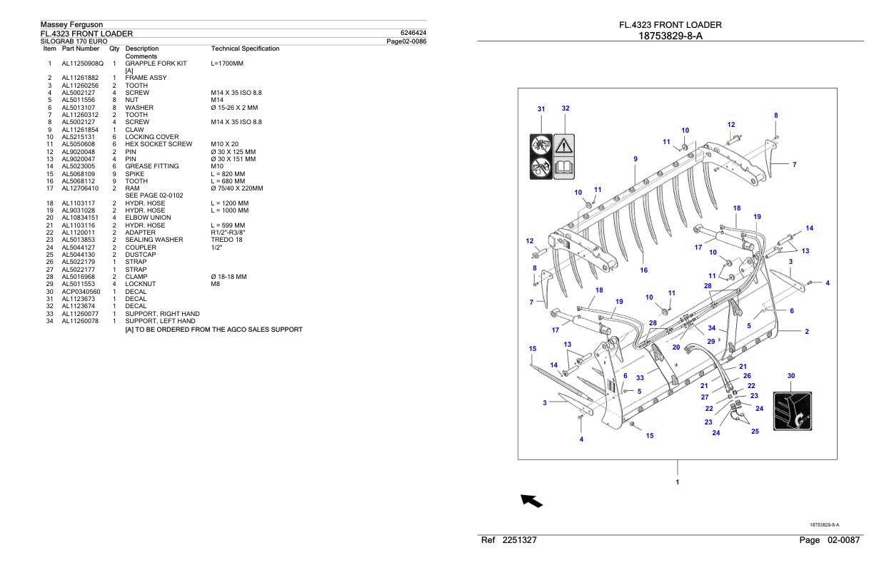Massey Ferguson FL.4323 Front Loader Parts Catalog 6246424