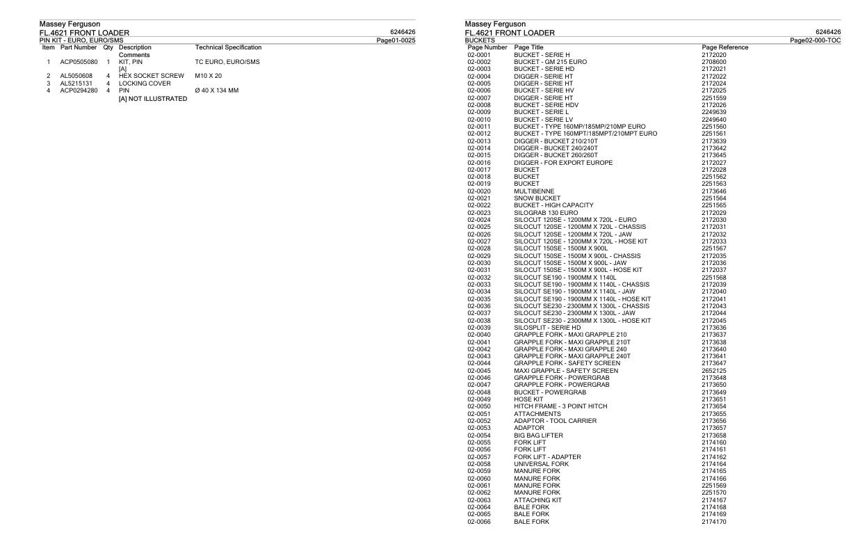 Massey Ferguson FL.4621 Front Loader Parts Catalog 6246426