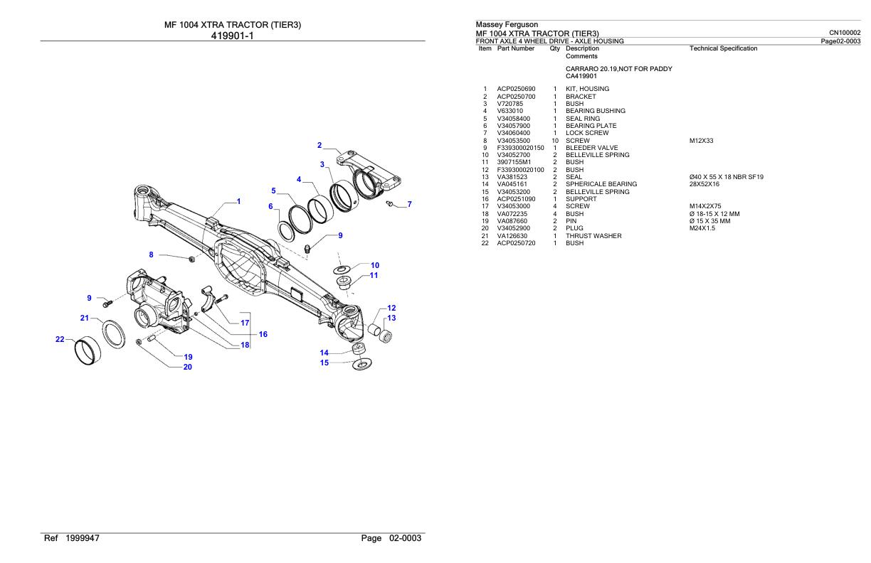 Massey Ferguson MF 1004 XTRA Tractor Parts Catalog CN100002