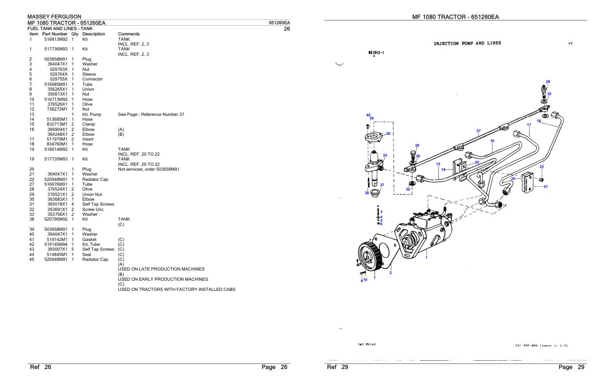 Massey Ferguson MF 1080 Tractor Parts Catalog 651260EA