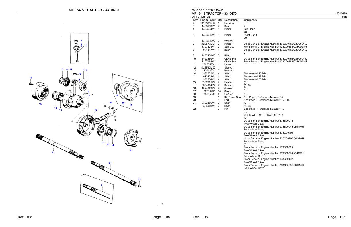 Massey Ferguson MF 154 S Tractor Parts Catalog 3310470