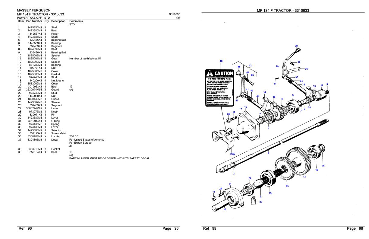 Massey Ferguson MF 184 F Tractor Parts Catalog 3310633