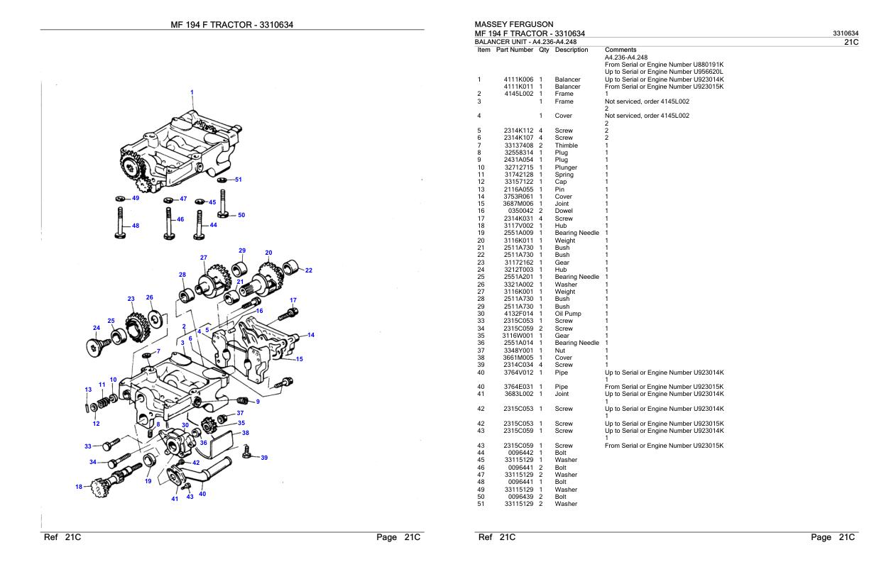 Massey Ferguson MF 194 F Tractor Parts Catalog 3310634